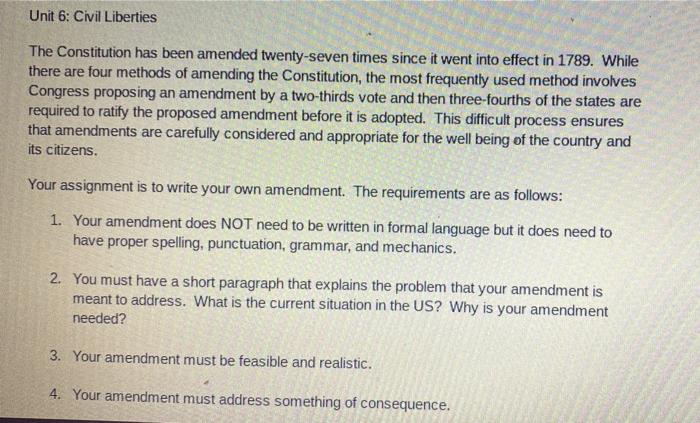 Solved Unit 6: Civil Liberties The Constitution has been | Chegg.com