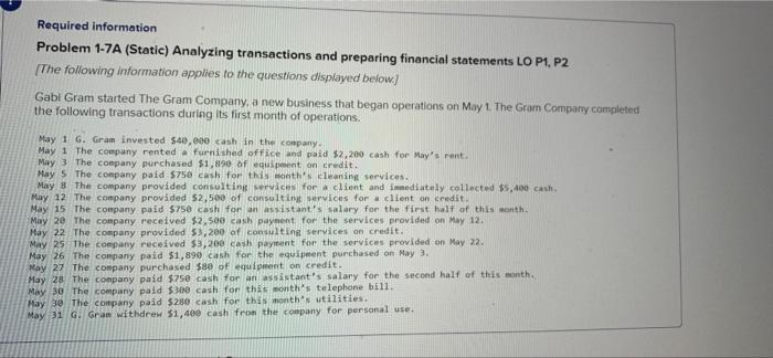 Solved Required information Problem 1-7A (Static) Analyzing | Chegg.com