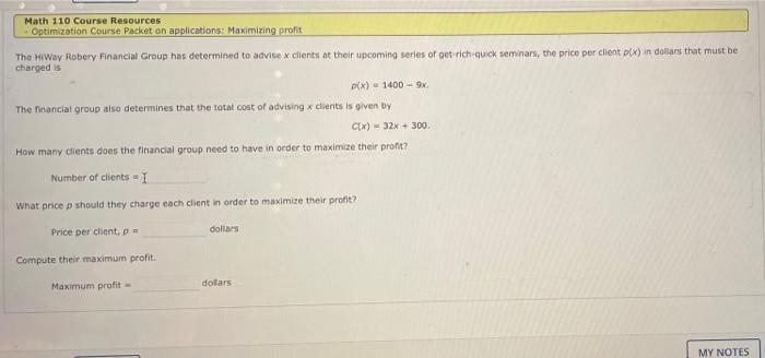 Solved Math 110 Course Resources Optimization Course Packet | Chegg.com
