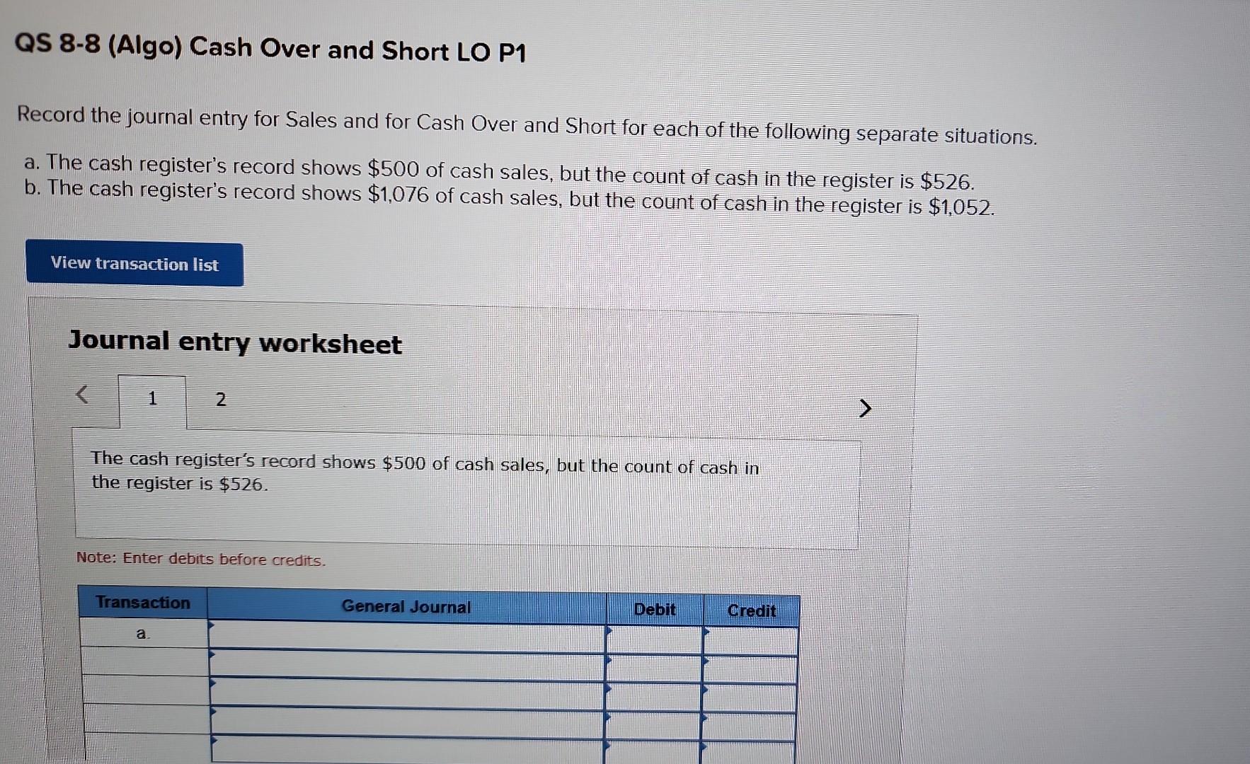 Solved Record the journal entry for Sales and for Cash Over | Chegg.com