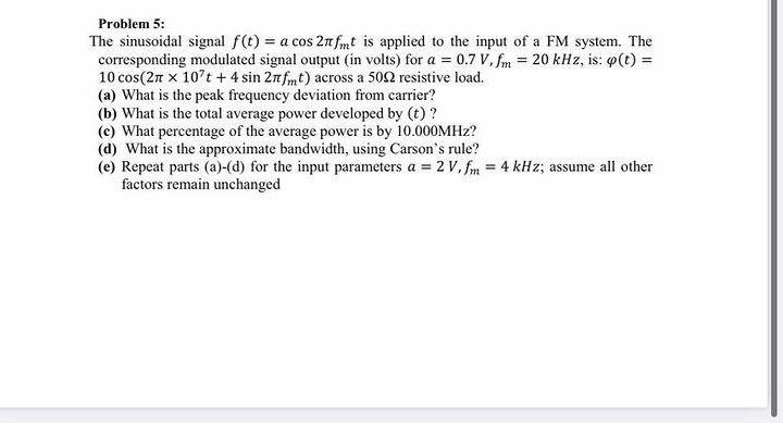 Problem 5: The sinusoidal signal f(t) = a cos 2π fmt | Chegg.com