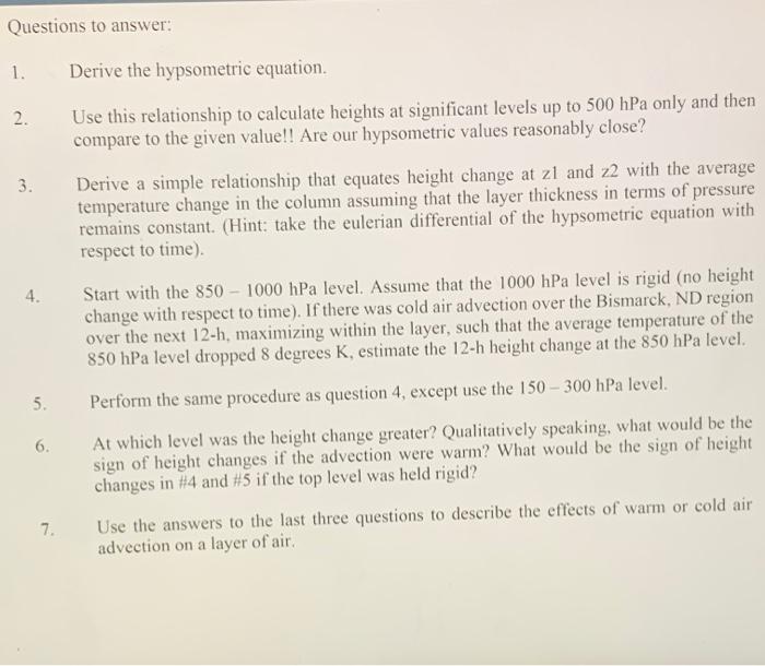 Solved Questions to answer: 1. Derive the hypsometric | Chegg.com