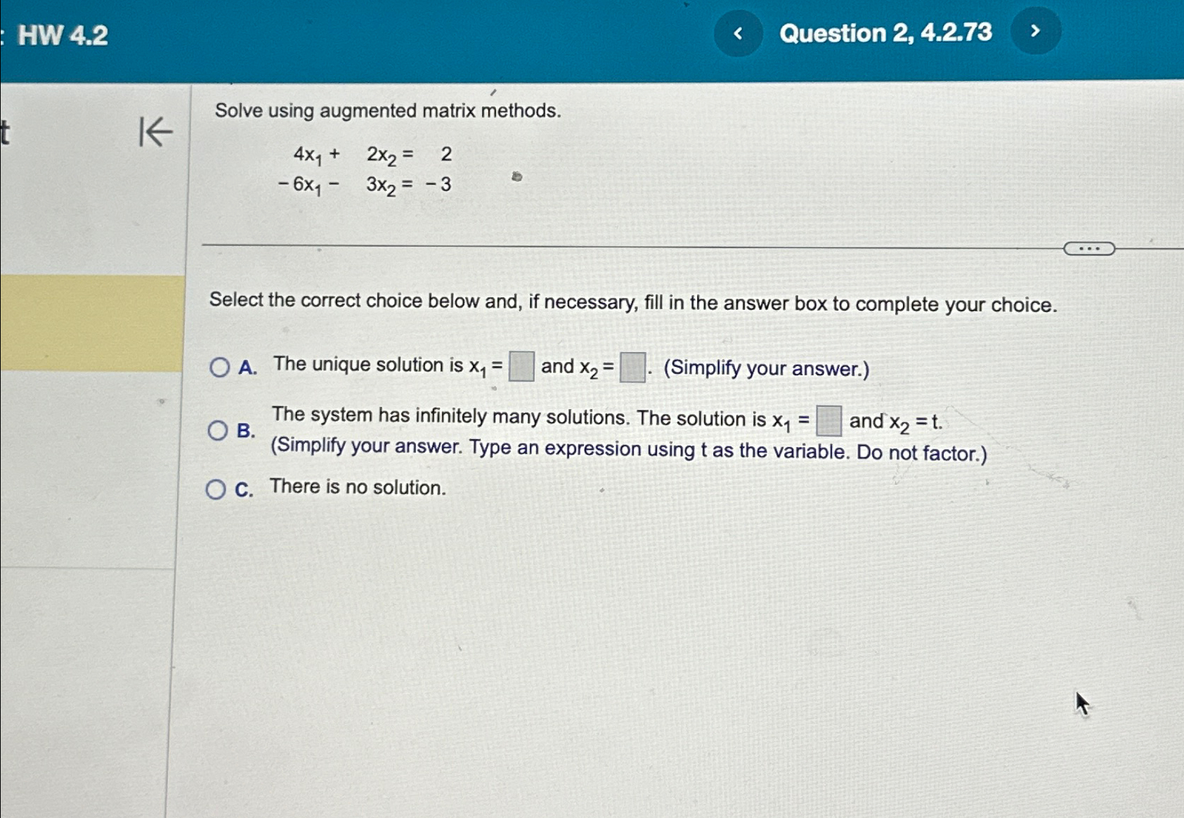 Solved HW 4.2Question 2, 4.2.73Solve using augmented matrix | Chegg.com
