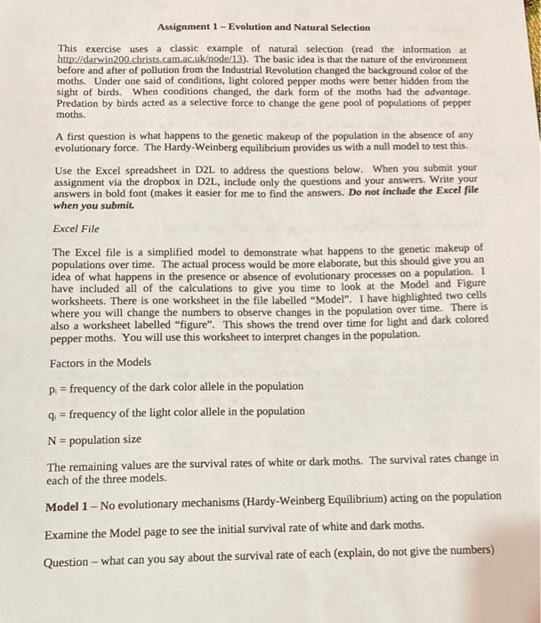 Assignment 1 - Evolution and Natural Selection This | Chegg.com