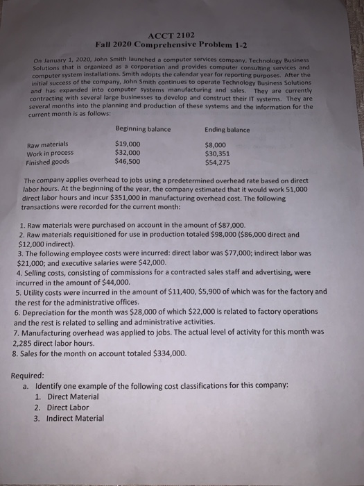 ACCT 2102 Fall 2020 Comprehensive Problem 1-2 | Chegg.com