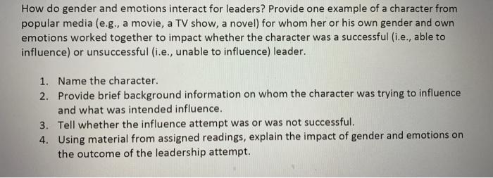 Solved How do gender and emotions interact for leaders? | Chegg.com