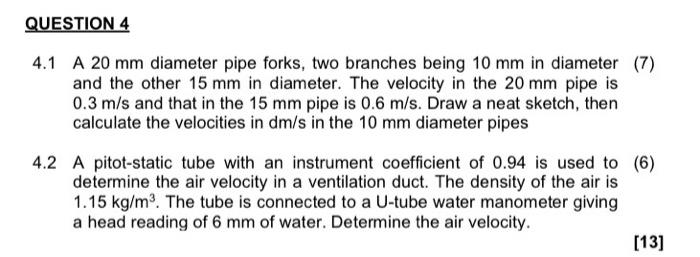 Solved QUESTION 4 4.1 A 20 mm diameter pipe forks, two | Chegg.com