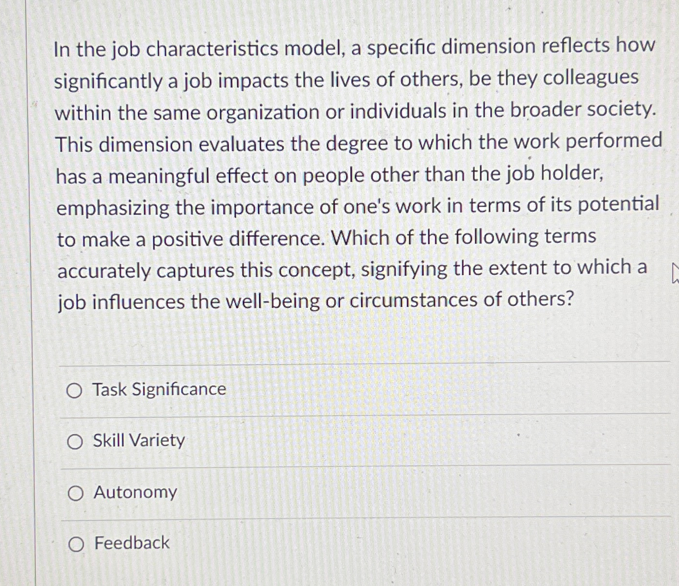 Solved In the job characteristics model, a specific | Chegg.com