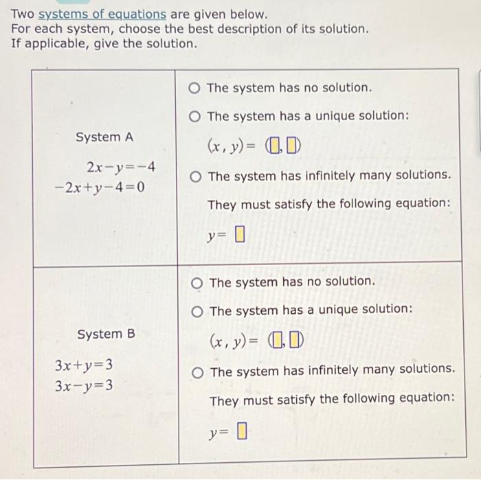 Solved Two systems of equations are given below. For each | Chegg.com