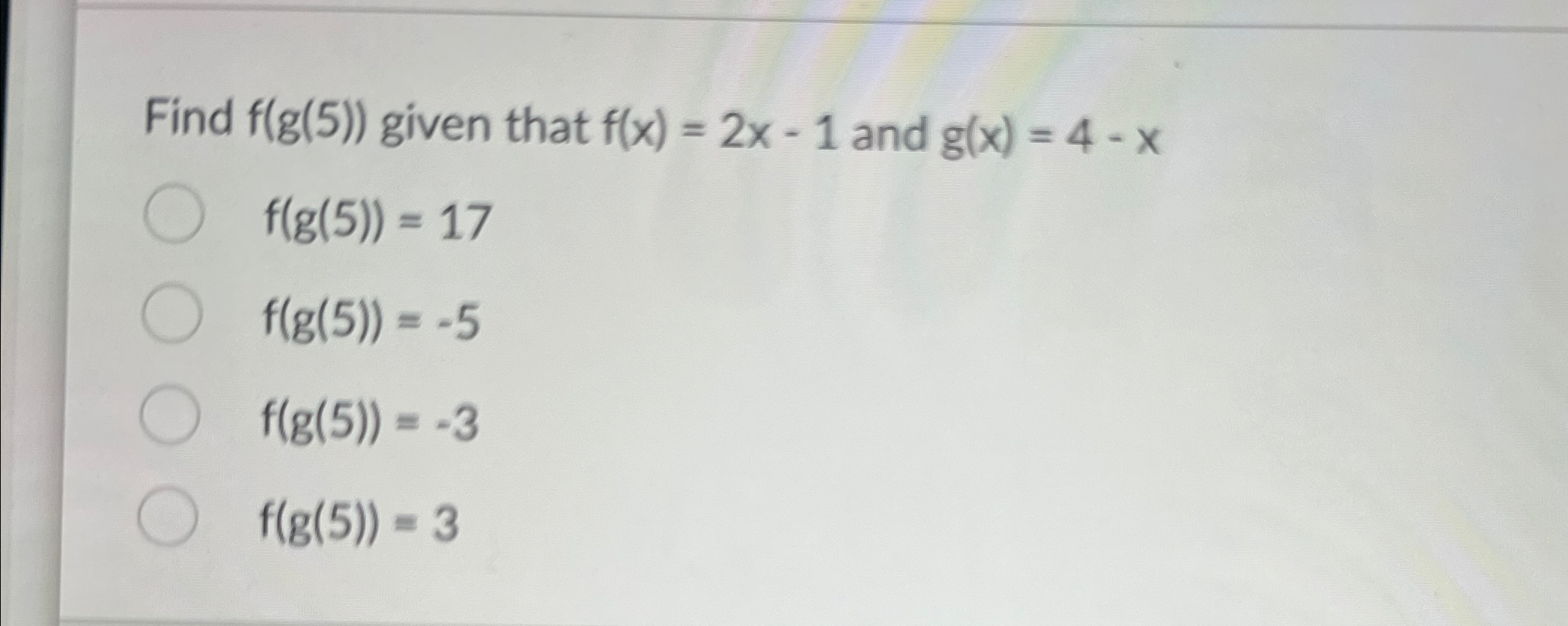 Solved Find f(g(5)) ﻿given that f(x)=2x-1 ﻿and | Chegg.com