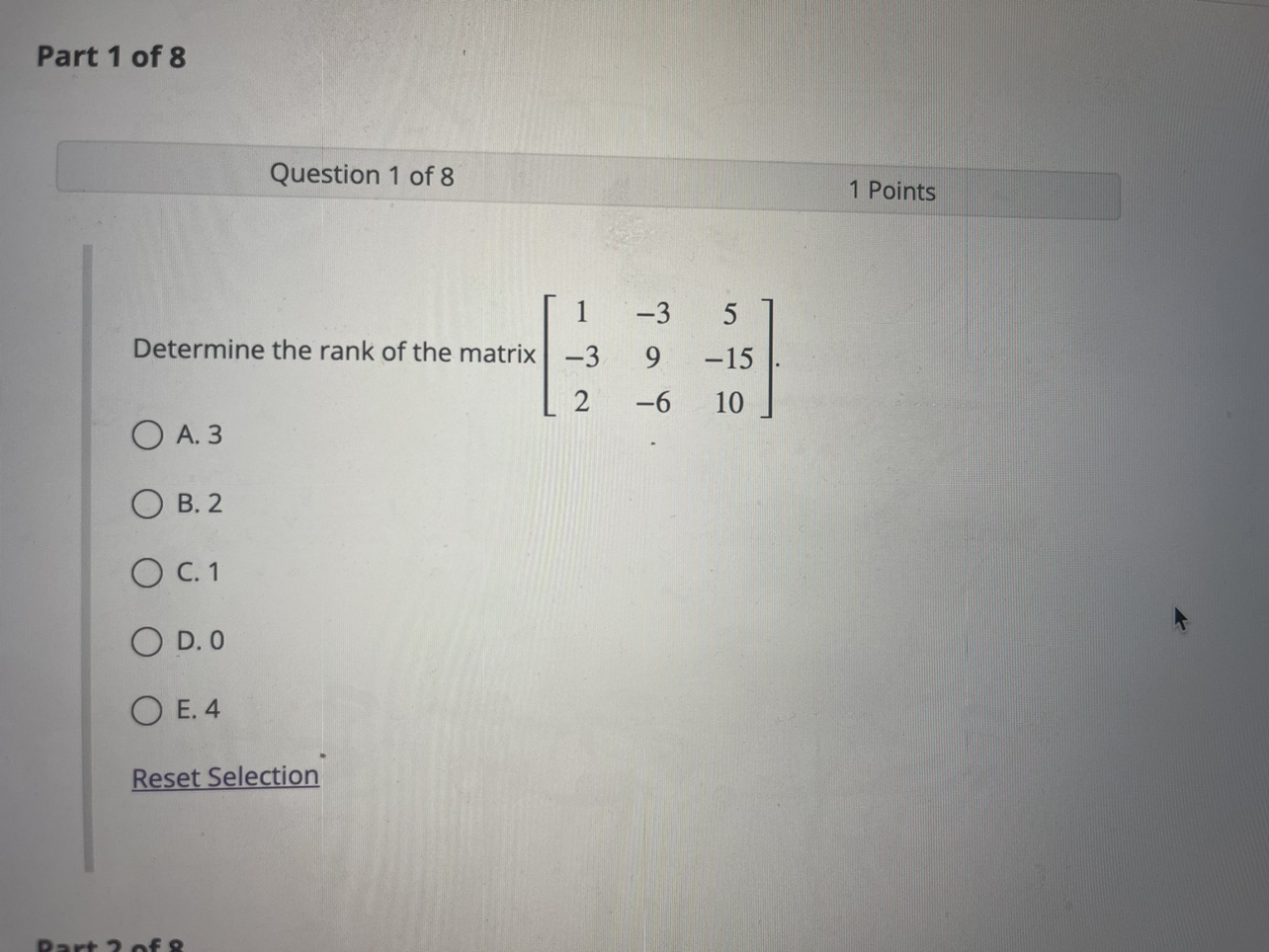Solved Question 1 ﻿of 8Determine the rank of the matrix | Chegg.com