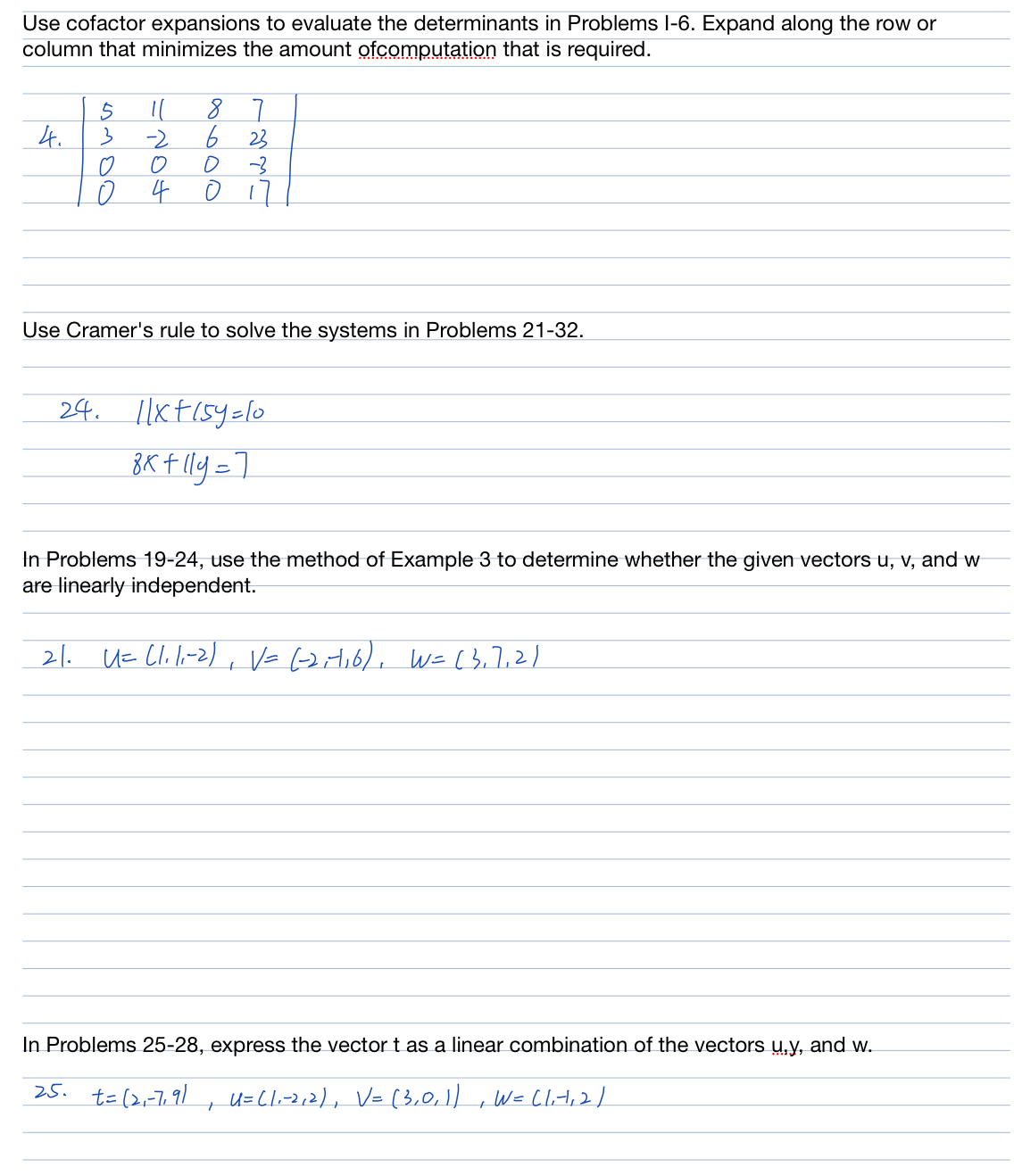 Solved VUse cofactor expansions to evaluate the determinants | Chegg.com