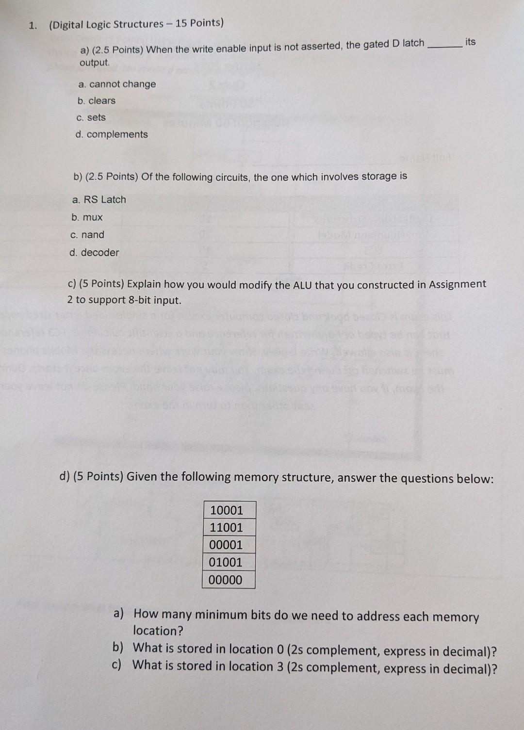 Solved 1. (Digital Logic Structures - 15 Points) a) (2.5 | Chegg.com