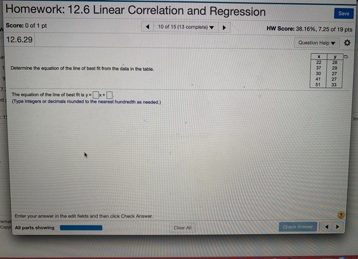 Solved Homework: 12.6 Linear Correlation and Regression Save | Chegg.com
