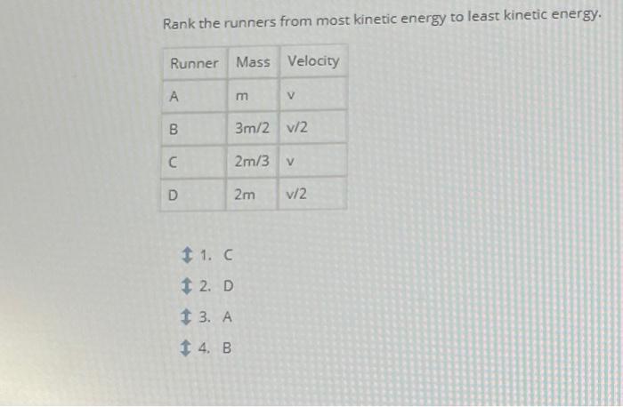 Solved Rank the runners from most kinetic energy to least | Chegg.com