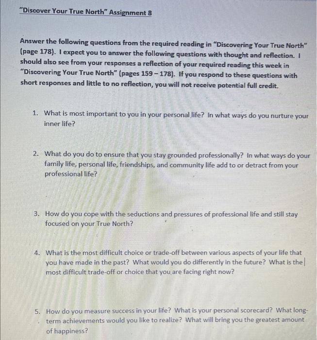Discover Your True North" Assignment 8 Answer the | Chegg.com