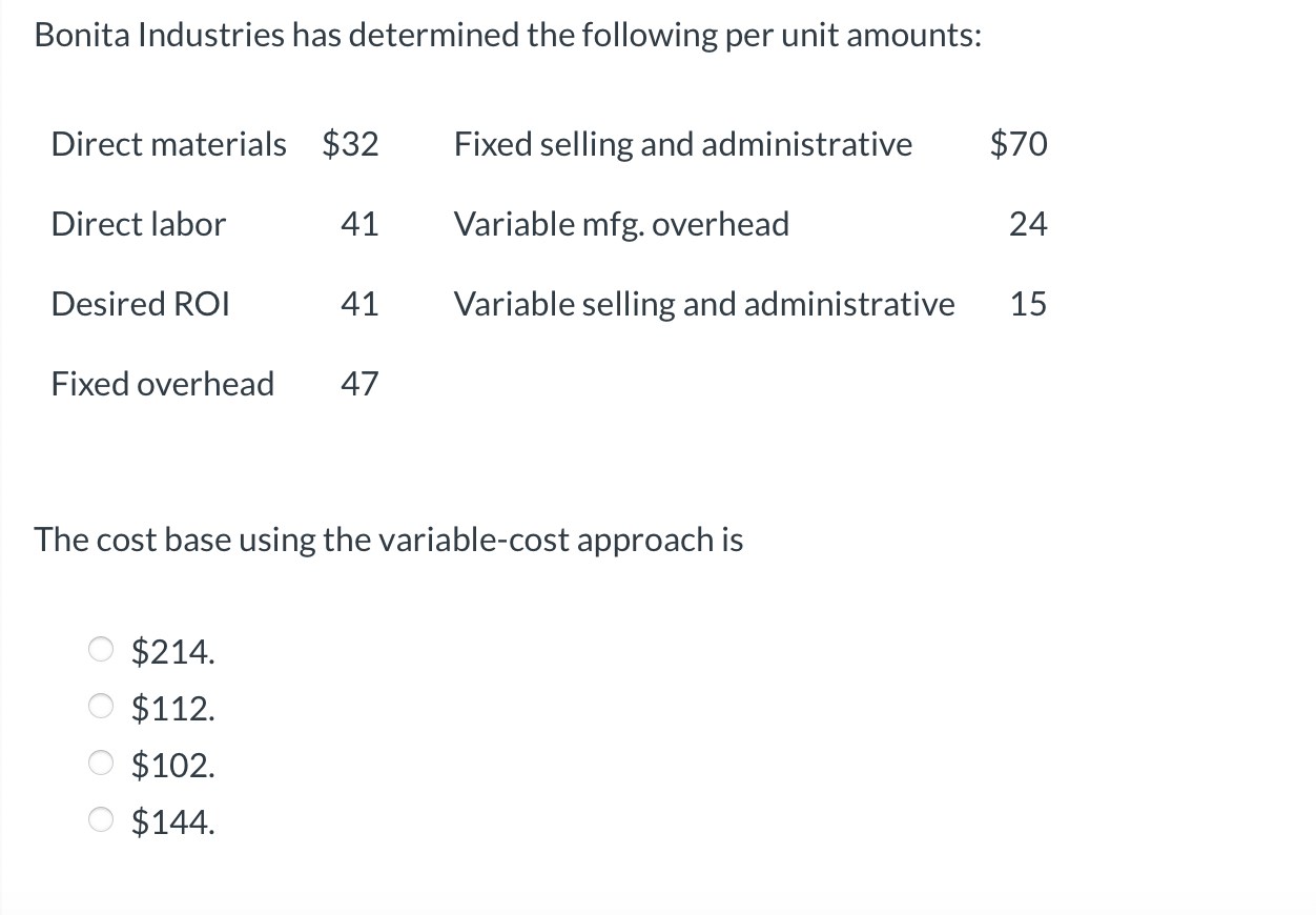 Solved Bonita Industries has determined the following per | Chegg.com