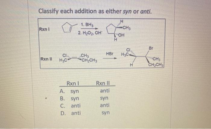 Solved Classify each addition as either syn or anti. H Rxn! | Chegg.com
