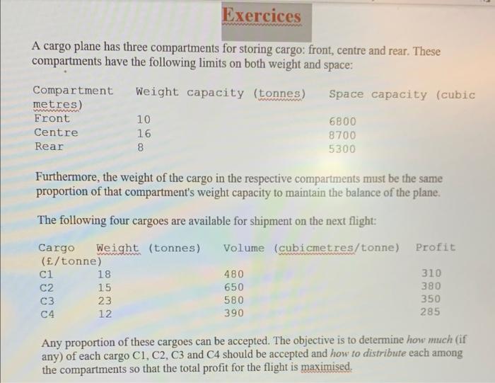 Solved Exercices A cargo plane has three compartments for | Chegg.com