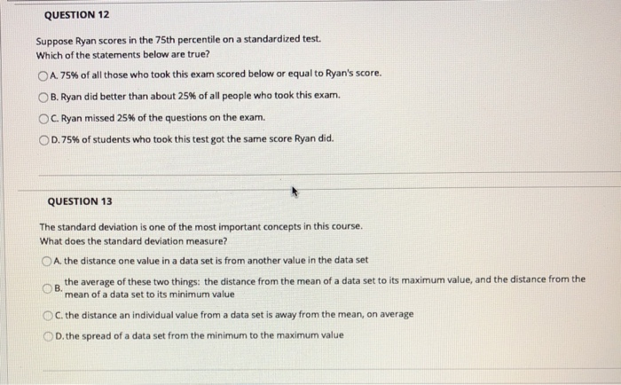 Solved QUESTION 12 Suppose Ryan scores in the 75th | Chegg.com