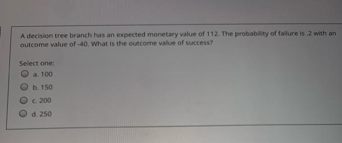 Solved A decision tree branch has an expected monetary value | Chegg.com