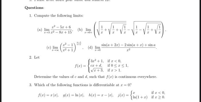 Solved 1. Compute the following limits: (a) | Chegg.com