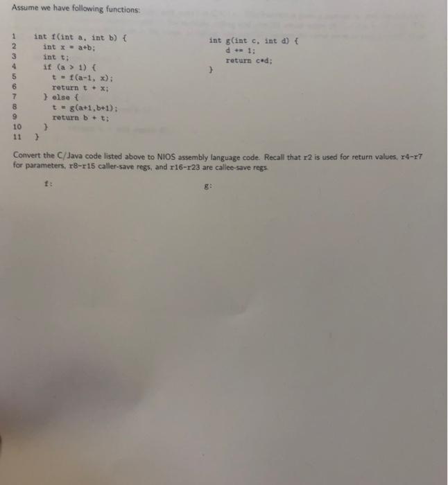 Solved Assume we have following functions: int g(int c, int | Chegg.com
