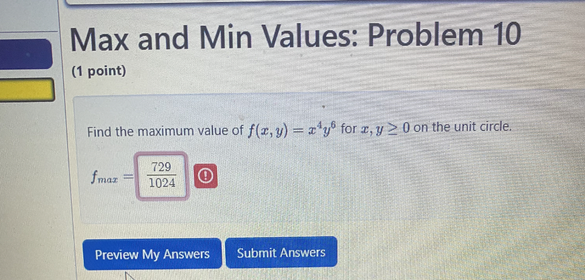 Solved by an EXPERT Max and Min Values: Problem 10(1 ﻿point)Find the | Chegg.com