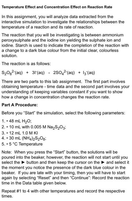 Solved Temperature Effect and Concentration Effect on | Chegg.com
