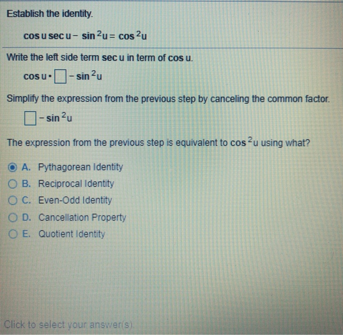 Solved Establish the identity. cos u secu- sinu= cos 2u | Chegg.com