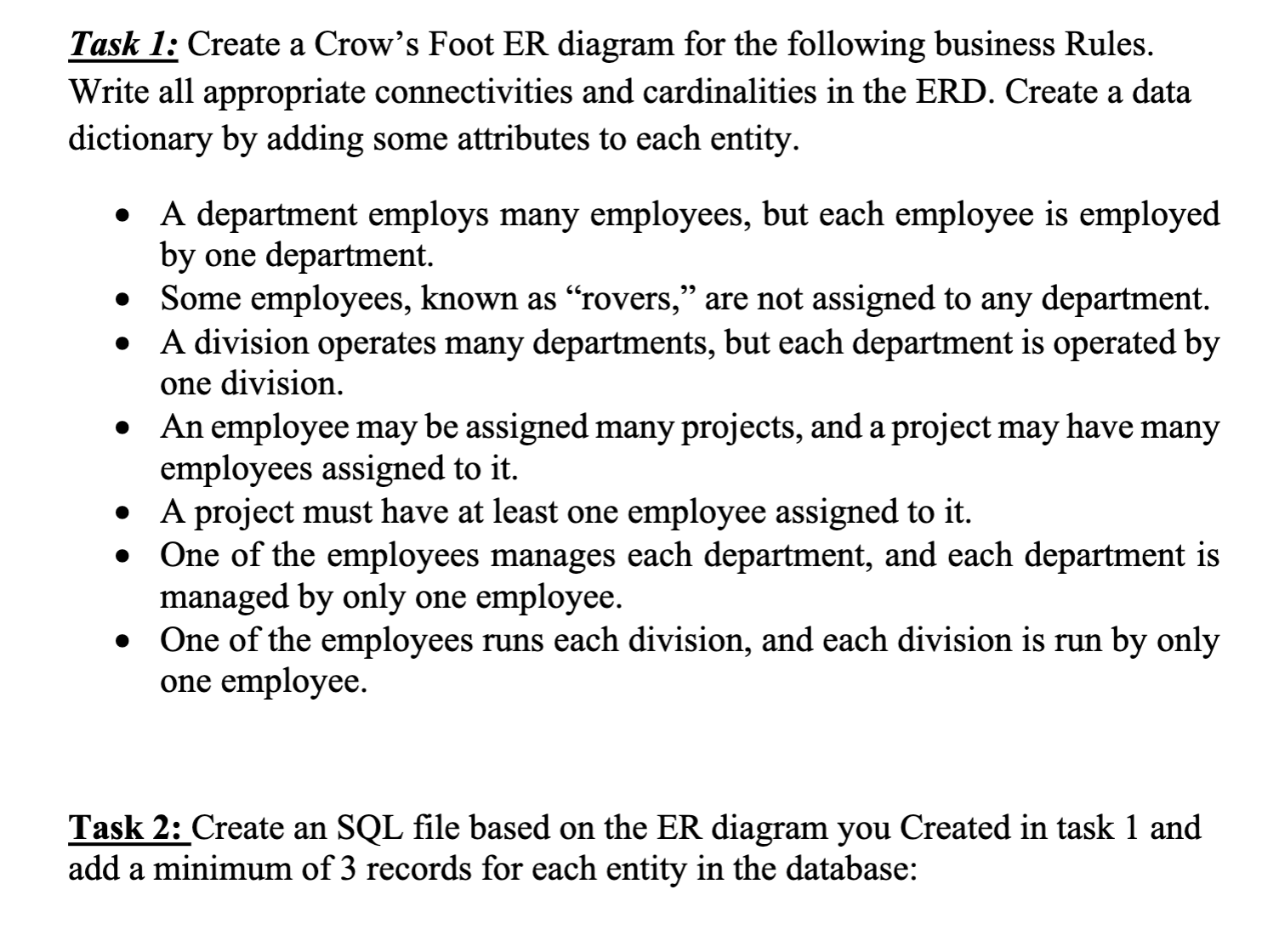Solved Task 1: Create a Crow's Foot ER diagram for the | Chegg.com