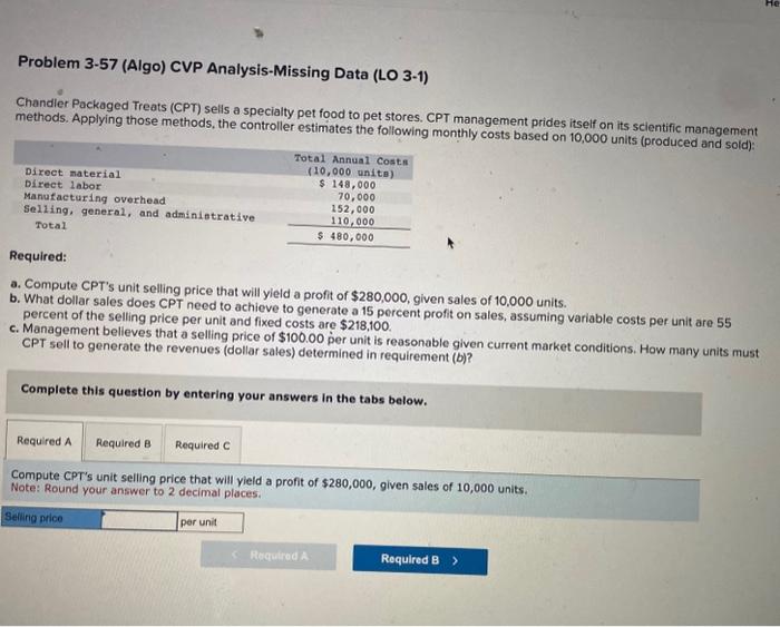 Solved Problem 3-57 (Algo) CVP Analysis-Missing Data (LO | Chegg.com