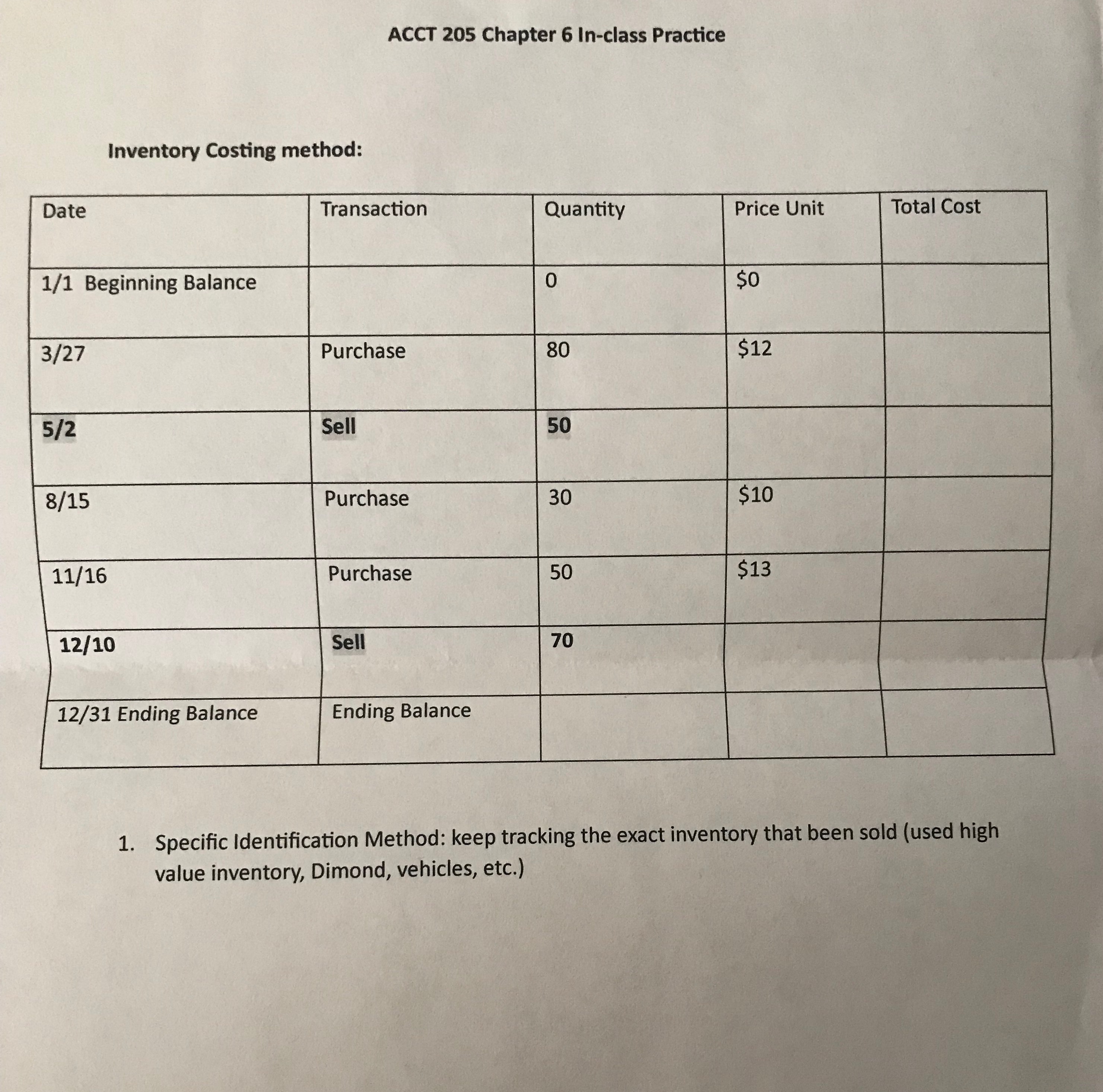 ACCT Inventory Costing method:Specific Identification | Chegg.com