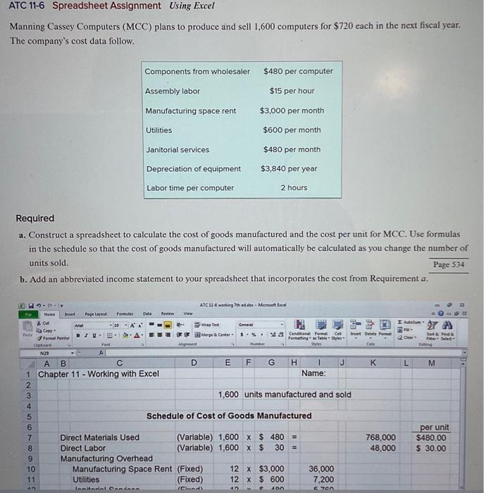 Solved ATC 11-6 Spreadsheet Assignment Using Excel Manning | Chegg.com