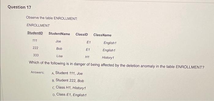 Solved Observe the table ENROLLMENT: ENROLLMENT Which of the | Chegg.com