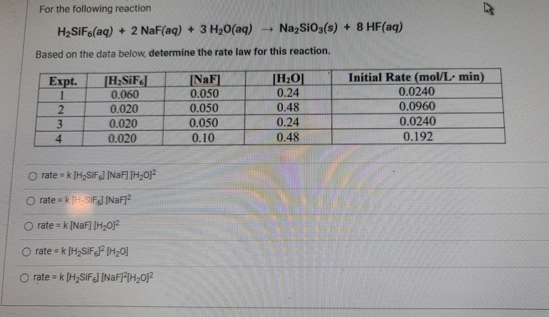 Solved For the following reaction Das H2SiF6(aq) + 2 NaF(aq) | Chegg.com