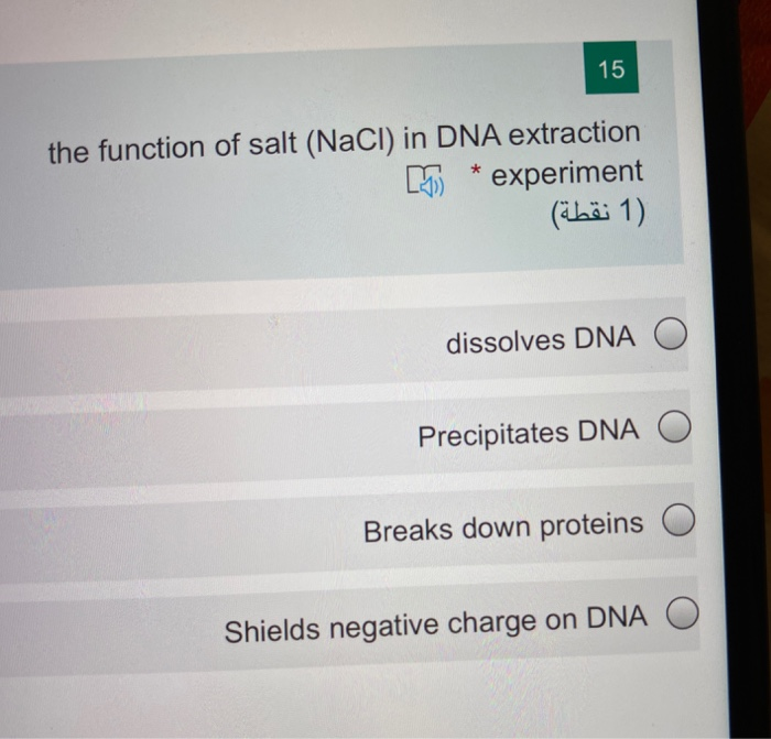 Solved 15 the function of salt (NaCl) in DNA extraction * | Chegg.com