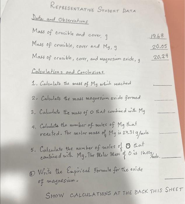 Solved REPRESENTATIVE STUDENT DATA Data and Observations | Chegg.com