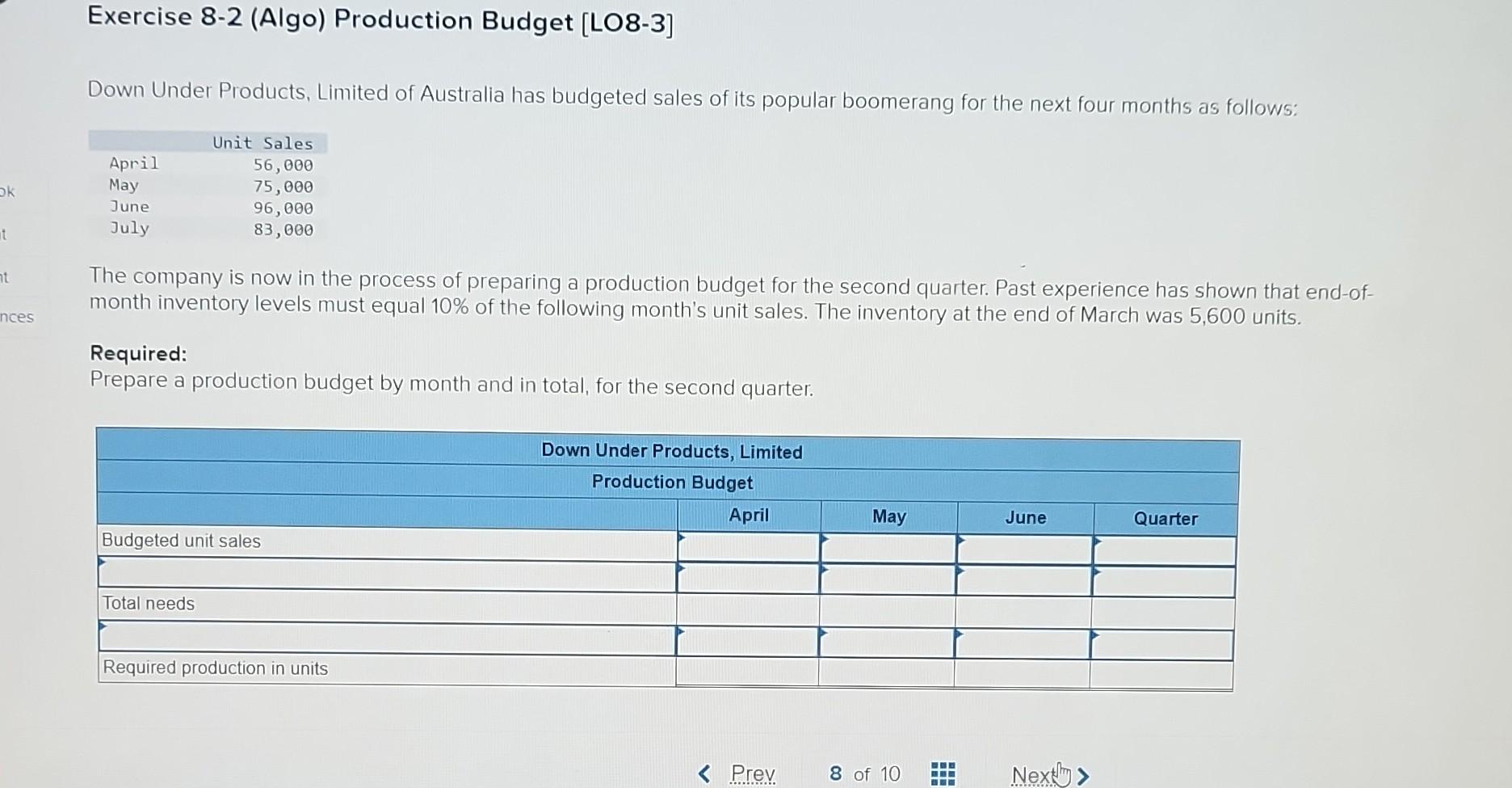 Solved Exercise 8-2 (Algo) Production Budget [LO8-3] Down | Chegg.com
