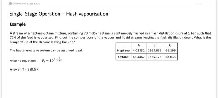Solved Single-Stage Operation - Flash vapourisation Example | Chegg.com