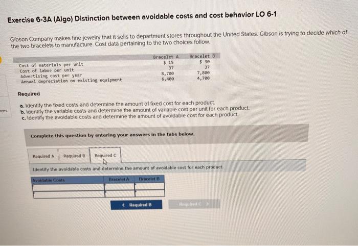 Solved Exercise 6-3A (Algo) Distinction between avoidable | Chegg.com