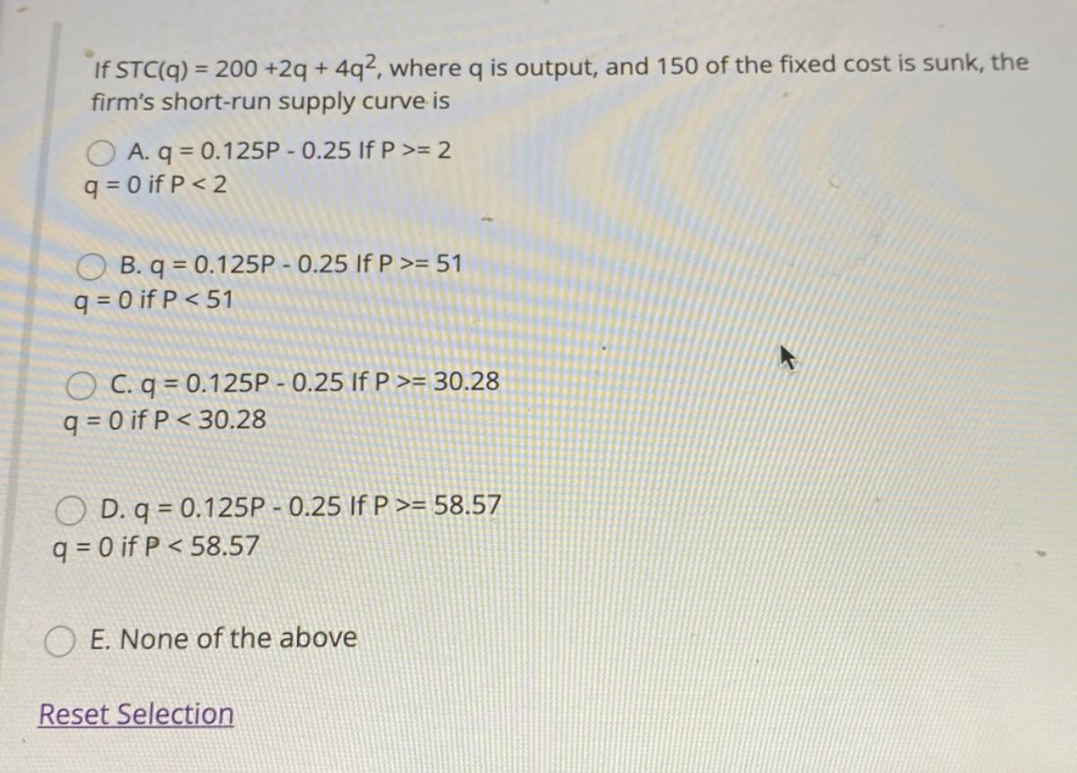 Solved If STC(q) = 200 +2q + 492, where q is output, and 150 | Chegg.com