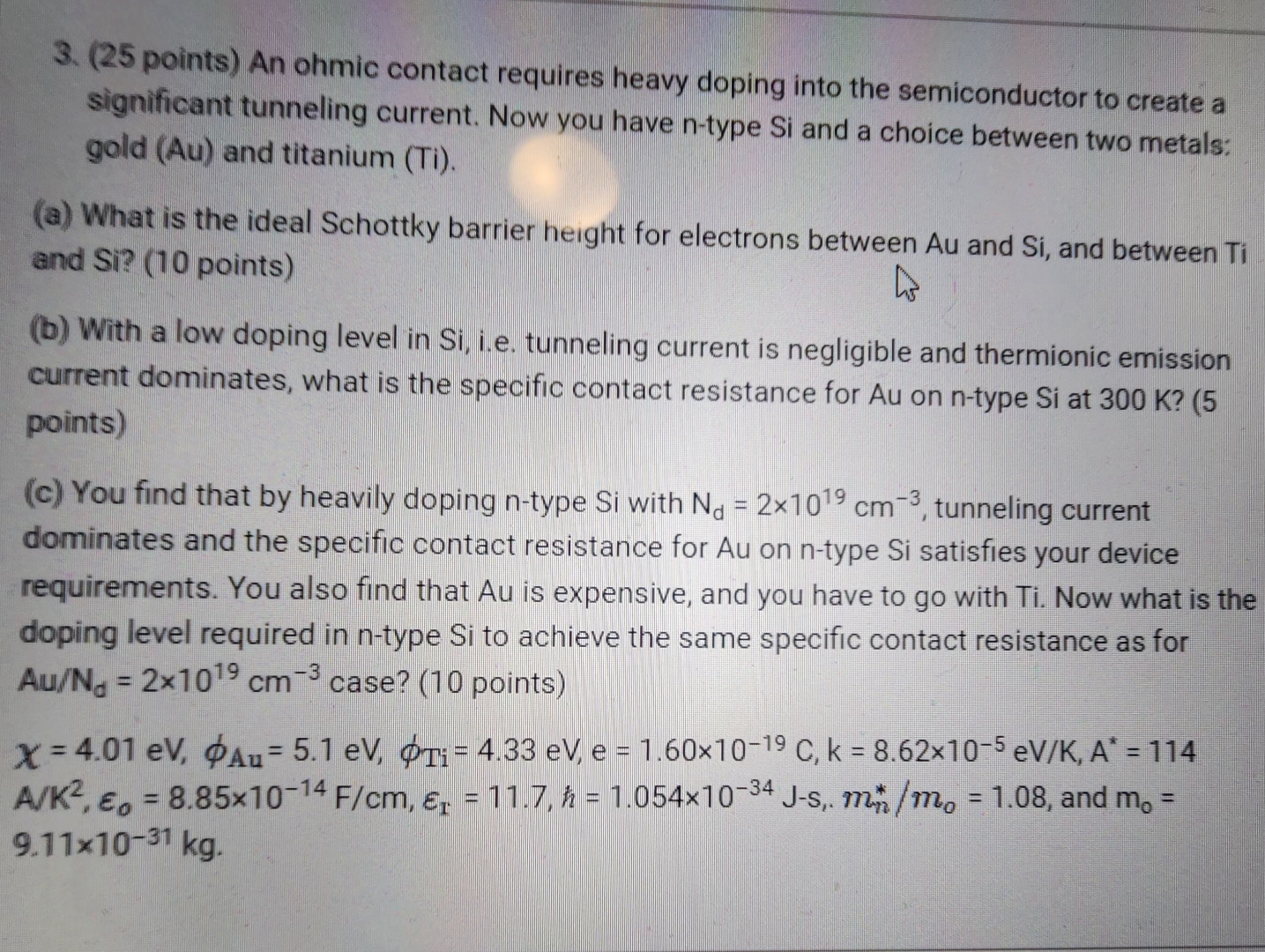 Solved (25 ﻿points) ﻿An ohmic contact requires heavy doping | Chegg.com