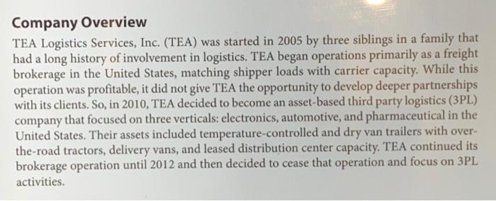 Solved Company Overview TEA Logistics Services, Inc. (TEA) | Chegg.com