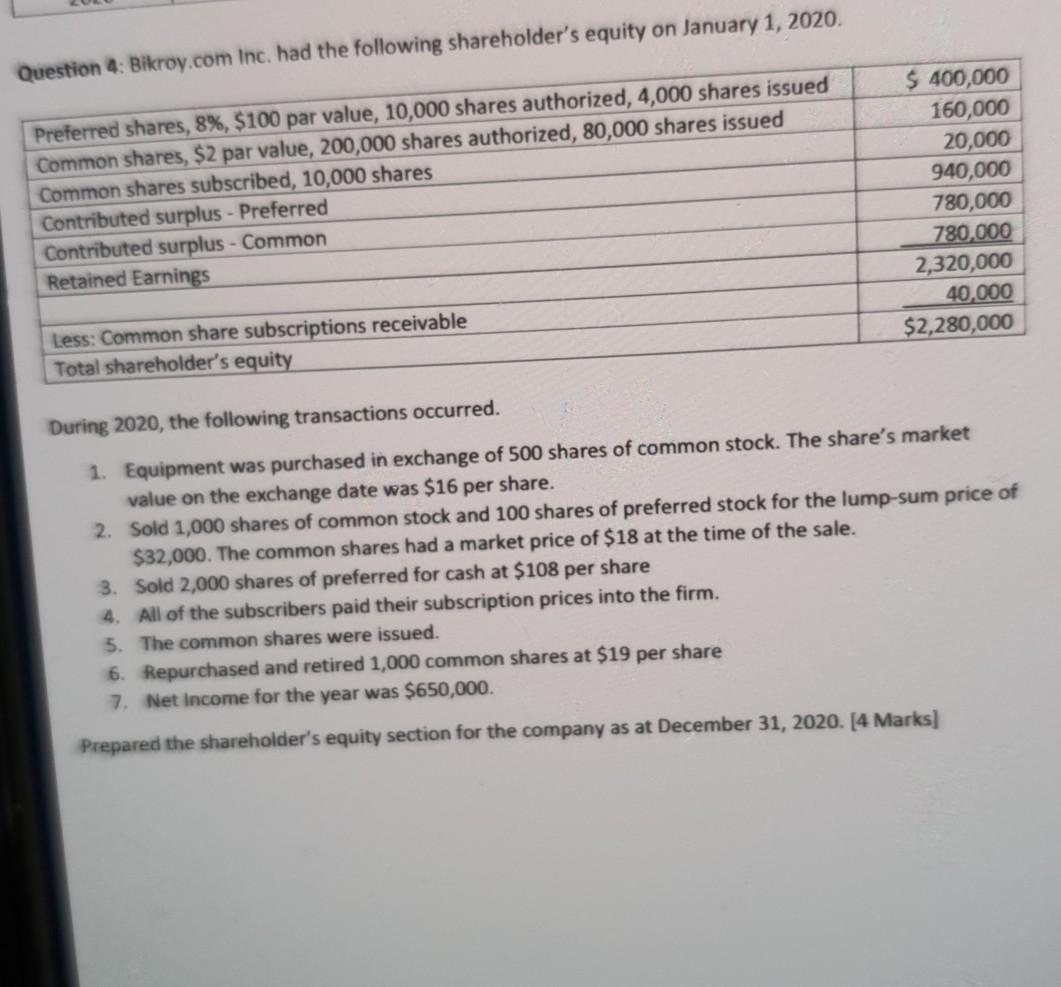 Solved Question 4: Bikroy.com Inc. had the following | Chegg.com