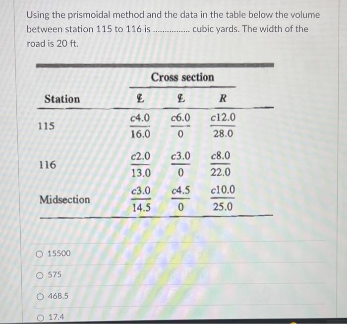 Solved Using the prismoidal method and the data in the table | Chegg.com