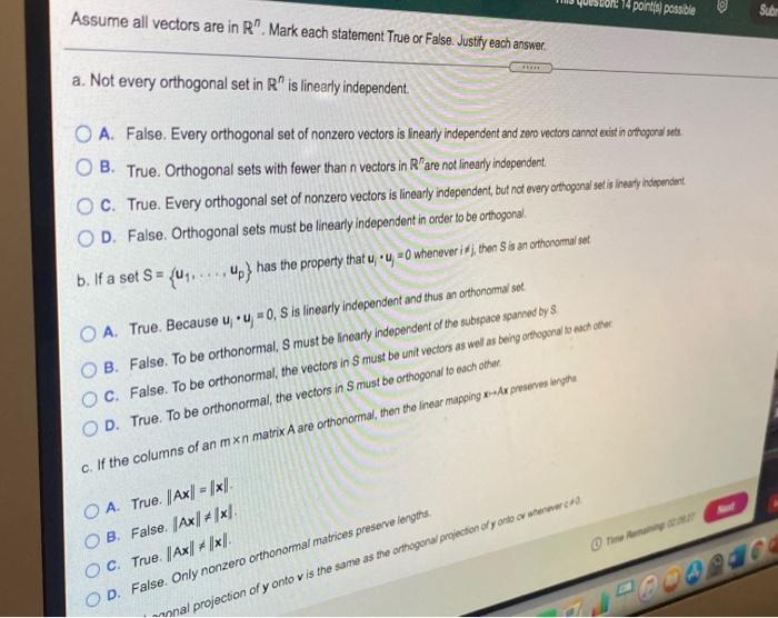 Solved 14 points possible Assume all vectors are in R". Mark | Chegg.com