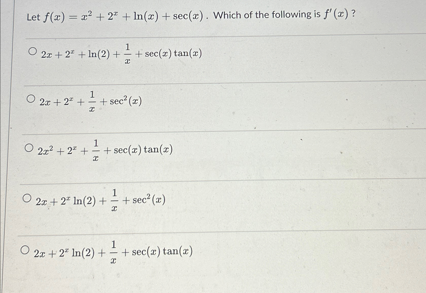 Solved Let f(x)=x2+2x+ln(x)+sec(x). ﻿Which of the following | Chegg.com
