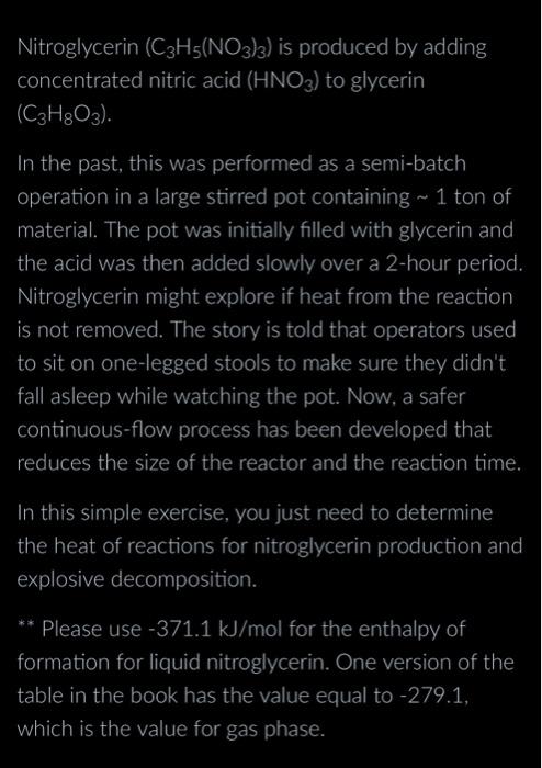 Solved Nitroglycerin (C3H5(NO3)3) is produced by adding | Chegg.com