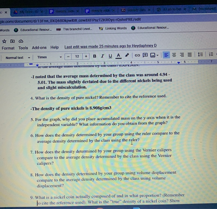 Determining Density of Nickel Coins Post-Lab | Chegg.com